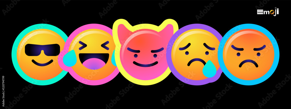 Round emoticons set. Yellow Emoji faces emoticon smile, digital smiley ...