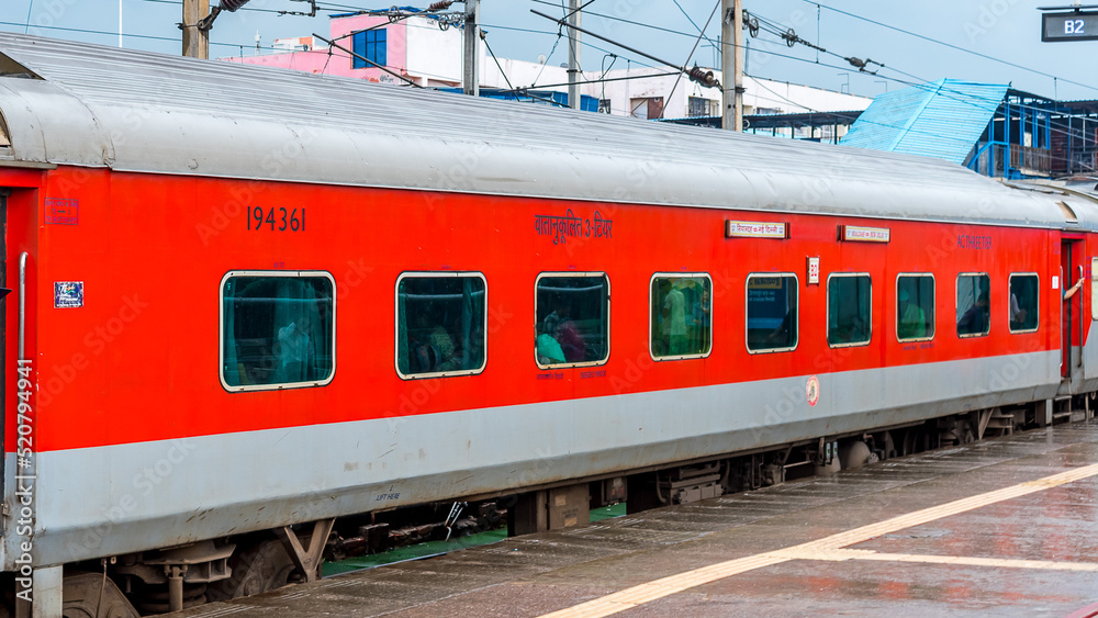 An AC Three Tier coach of Rajdhani Express at New Delhi Railway Station ...