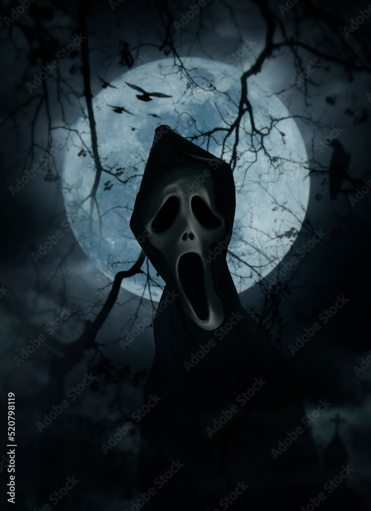 Ghost standing over cross, church, crow, birds, dead tree, full moon ...