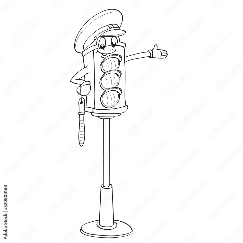 sketch, cute traffic light character in a cap and with a traffic ...