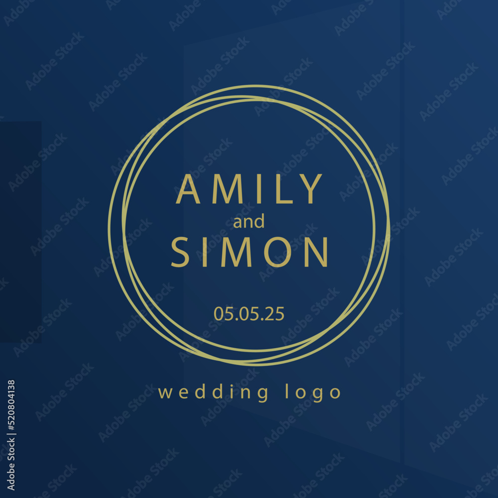 Wedding logo template with names and date of celebration on a blue ...