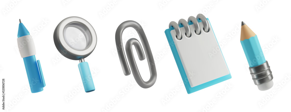 3d icons of objects for training and office, icons of stationery ...