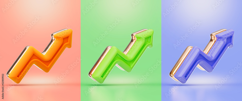 chart up arrow sign orange green and purple color 3d render concept for ...