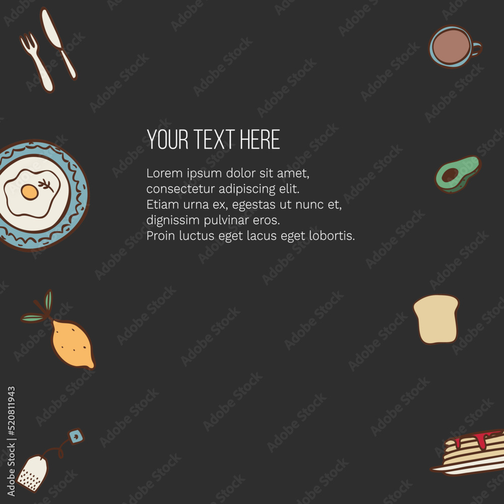 Vector banner with hand drawn food and kitchen items in doodle style ...