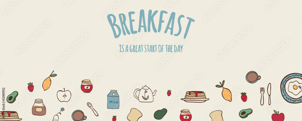 Vector banner with hand drawn food and kitchen items in doodle style ...