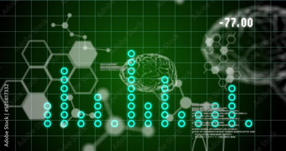 Animation of graphs, brains and chemical formulas on green background ...