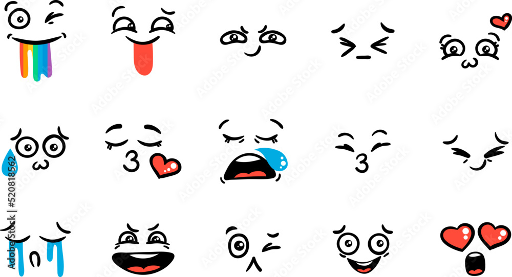 Various Cartoon Emoticons Set. Doodle faces, eyes and mouth. Caricature ...