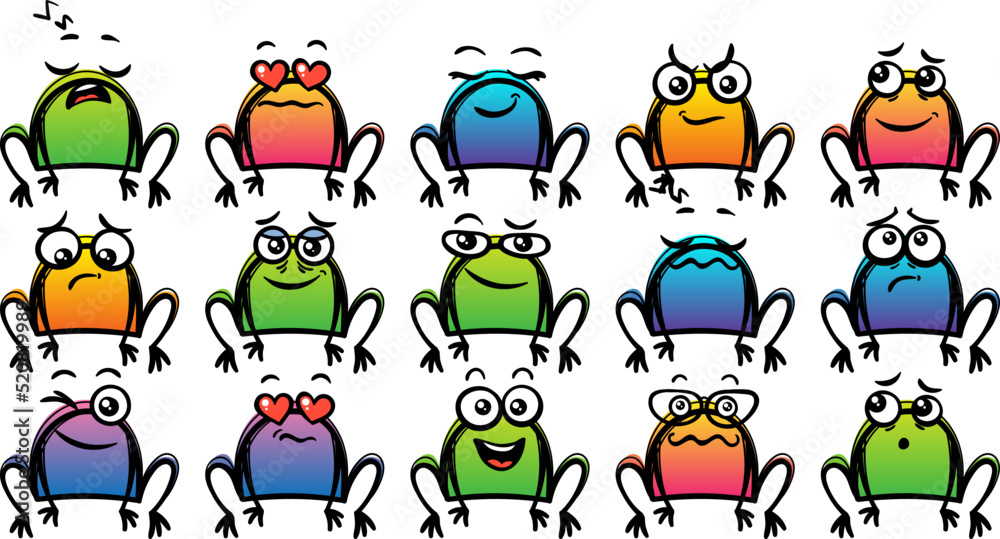 Various Cartoon Toads Set. Doodle faces, eyes and mouth. Caricature ...