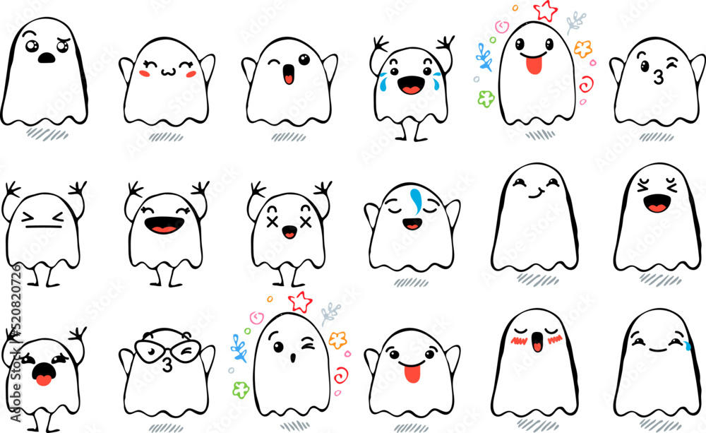 Set of Various Cartoon Ghosts with Emoticons. Doodle ghouls, eyes and ...