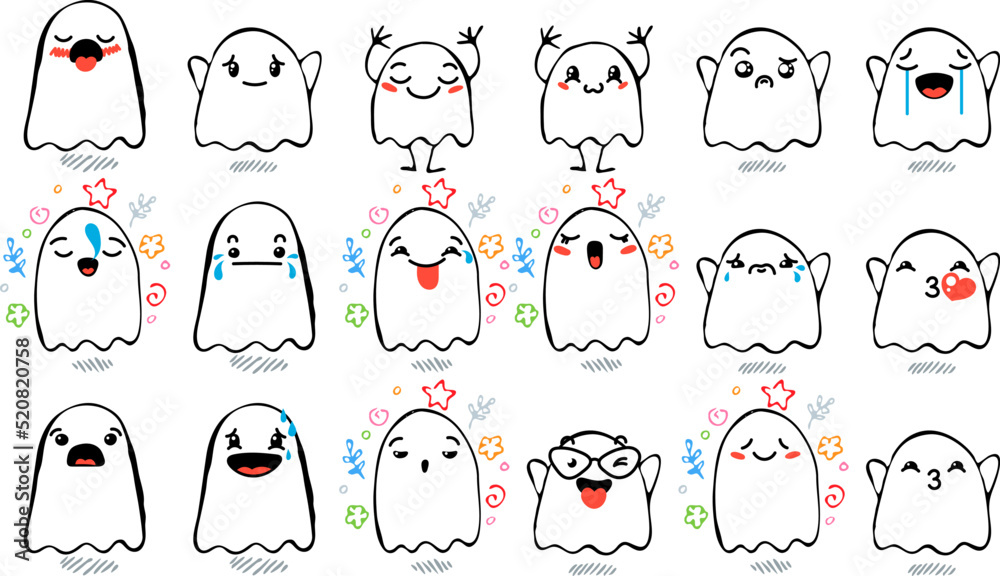 Set of Various Cartoon Ghosts with Emoticons. Doodle ghouls, eyes and ...