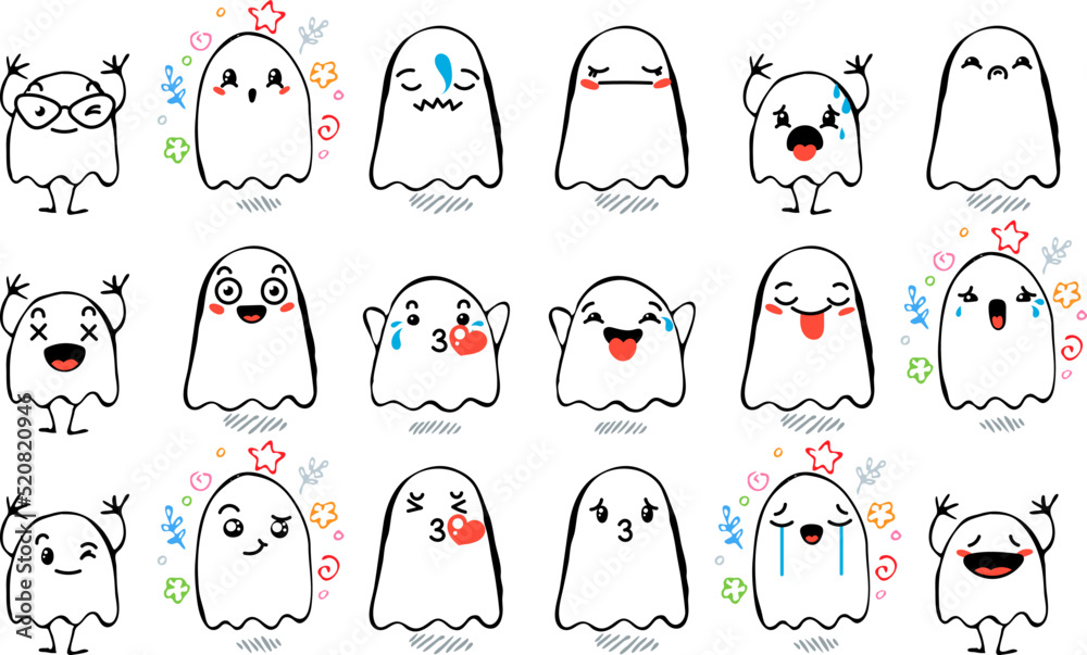 Set of Various Cartoon Ghosts with Emoticons. Doodle ghouls, eyes and ...
