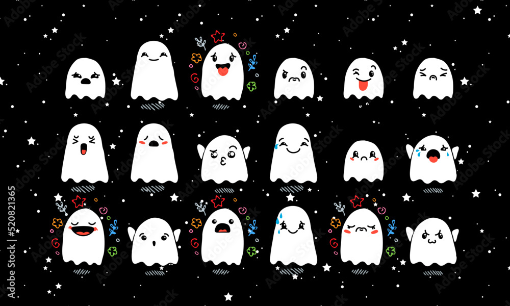 Set of Various Cartoon Ghosts with Emoticons. Doodle ghouls, eyes and ...