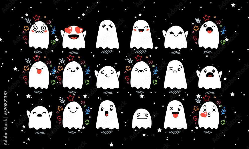 Set of Various Cartoon Ghosts with Emoticons. Doodle ghouls, eyes and ...