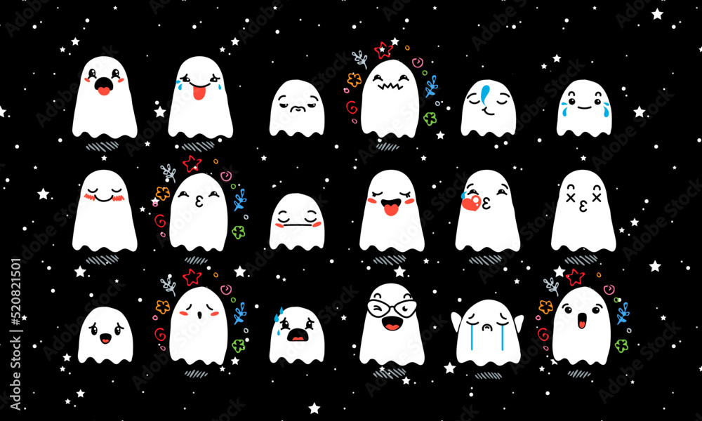 Set of Various Cartoon Ghosts with Emoticons. Doodle ghouls, eyes and ...