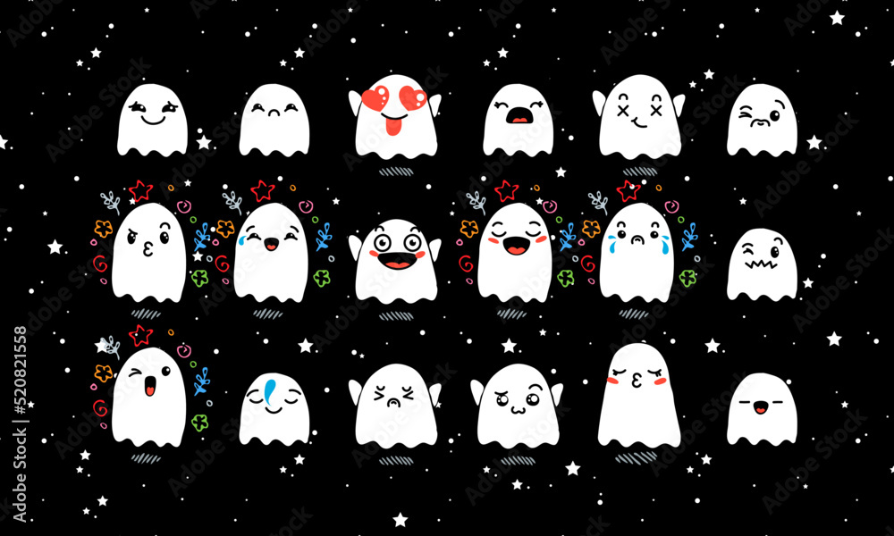 Set of Various Cartoon Ghosts with Emoticons. Doodle ghouls, eyes and ...