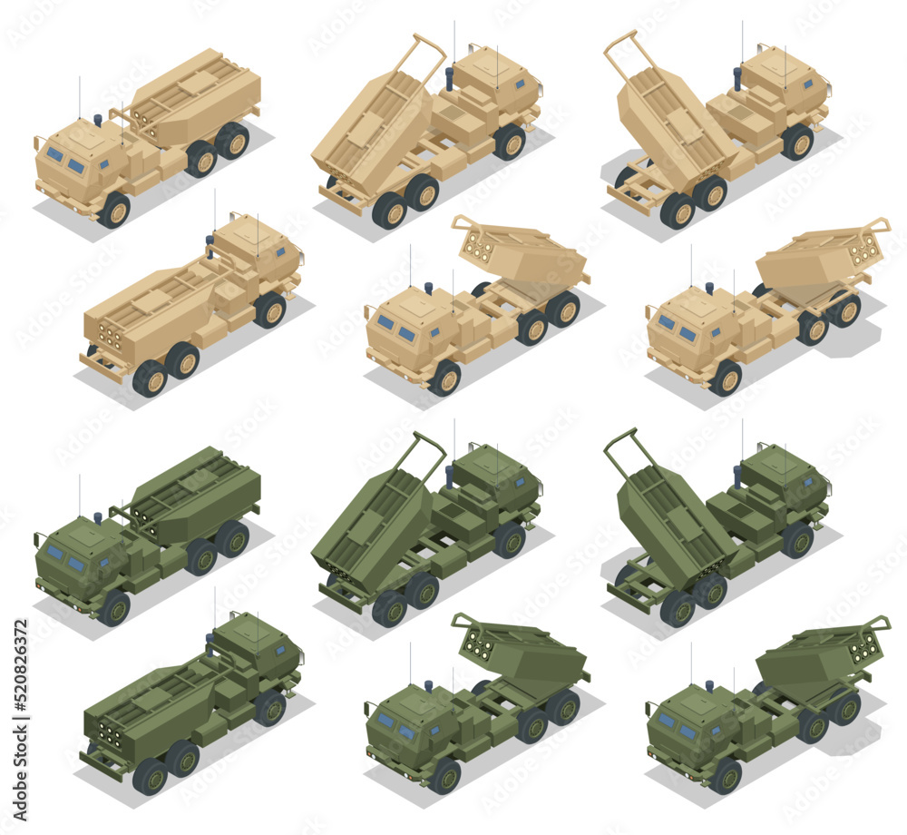 Isometric rocket salvo fire system on a wheeled landing gear. Rocket ...