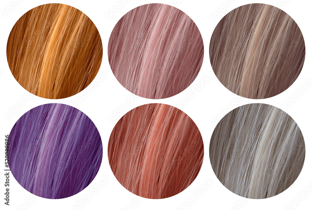 Colour swatches for hair dye. Hair colour palette with a variety of ...