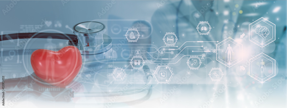 Double exposure-stethoscope on table and red heart,medical service ...