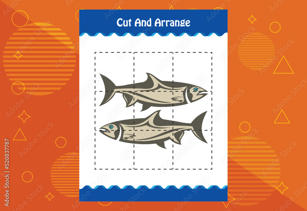 Cut and arrange with a fish worksheet for kids. Educational game for ...