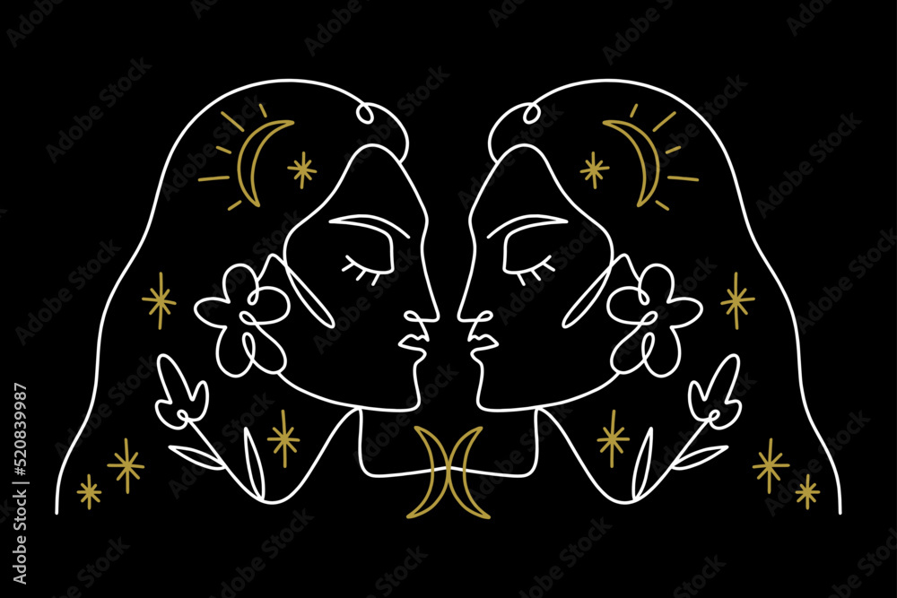 Witch Gemini Twins Zodiac line art symbol. Witchcraft sacred moon magic ...