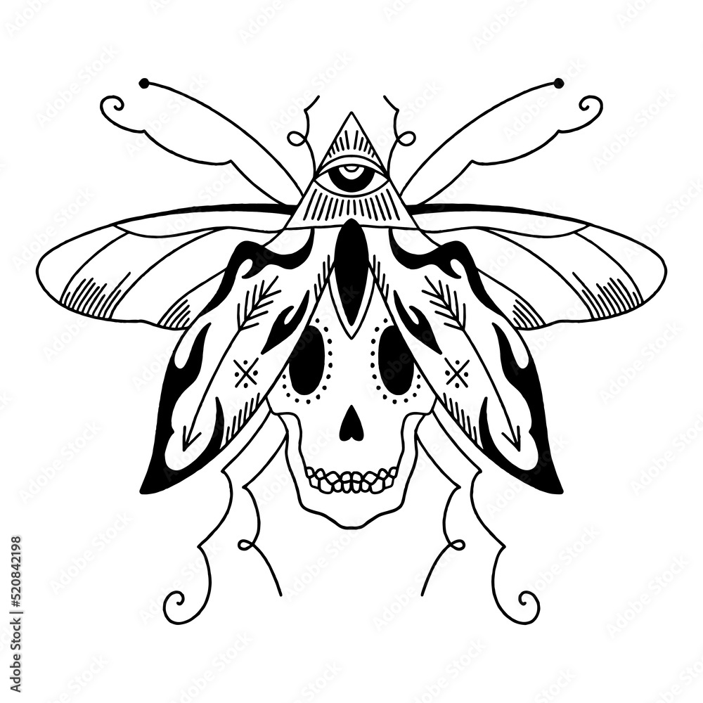 Creepy beetle with Mexican skull skeleton human face in dark boho style ...