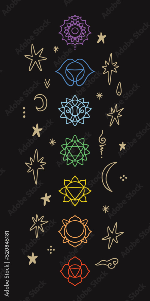 Hand drawn chakra symbols set. Sacred geometry boho chakras system ...