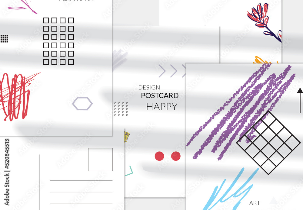 Postcard Layouts with Hand Drawn Abstract Floral Doodles and Geometric ...