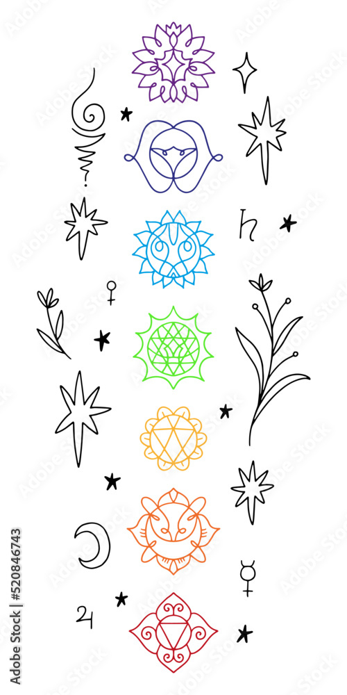 Hand drawn chakra symbols set. Sacred geometry boho chakras system ...