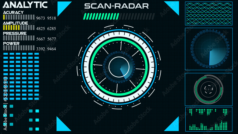 abstract colorful HUD radar animation on black background. Radar Screen ...