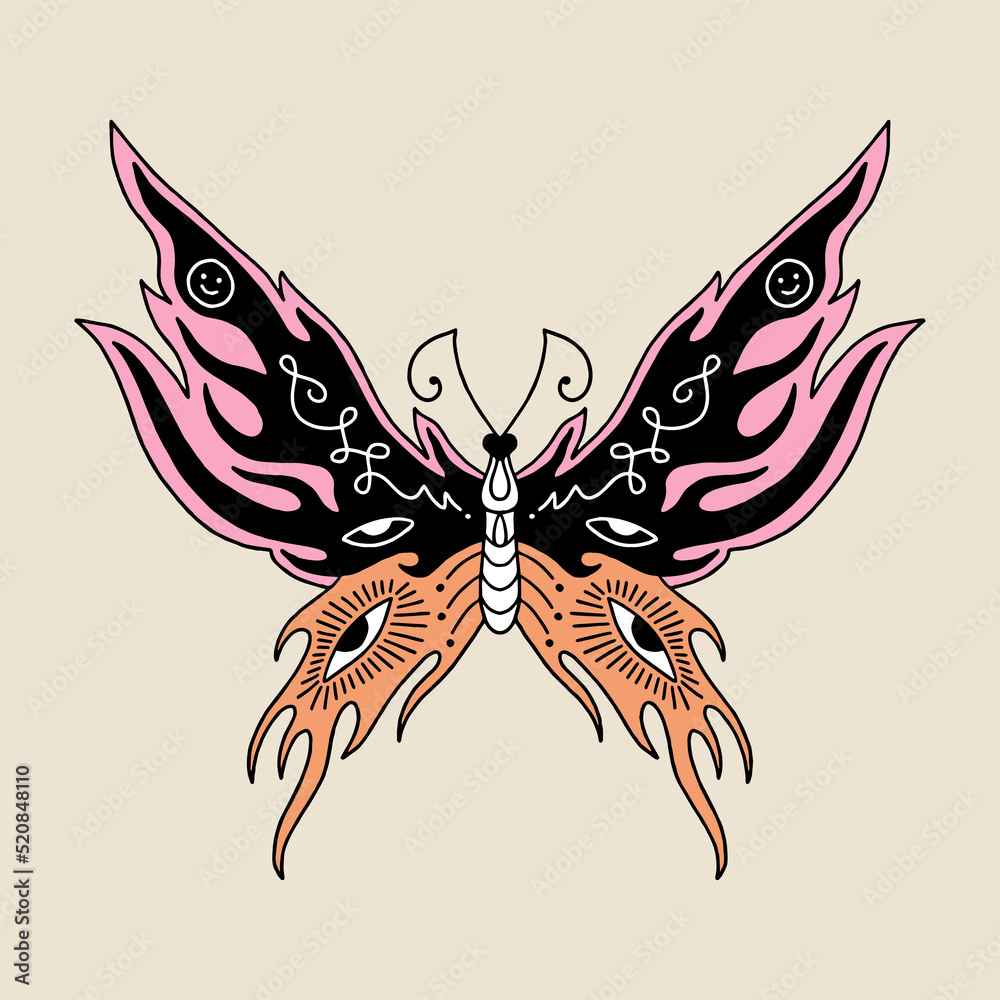 Hippie bohemian groovy funky butterfly in 1960s boho psychedelic style ...