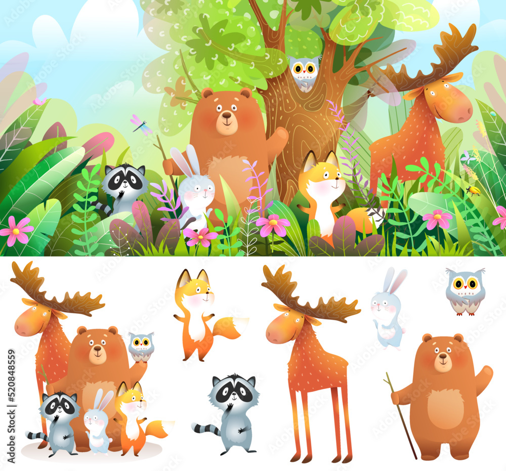 Forest animals in the woods, cute colorful forest nature illustration ...