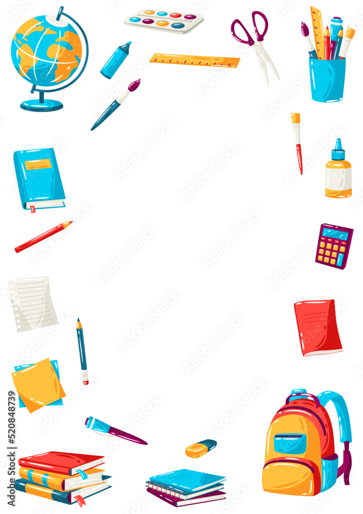 School frame with education items. Illustration of supplies and ...