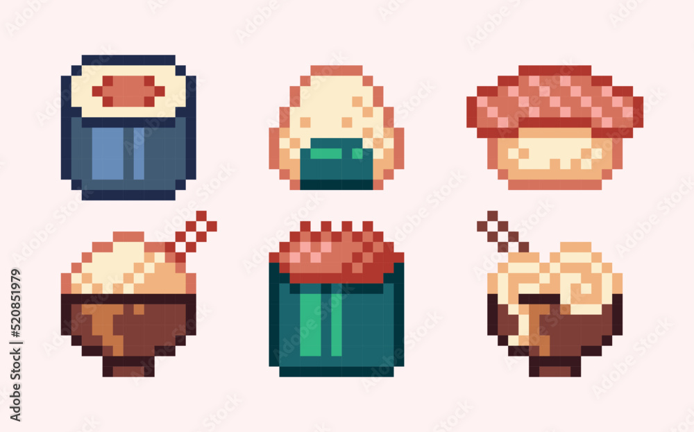 Japanese food pixel art set. Sushi, sashimi, maki rolls, ramen, noodles ...