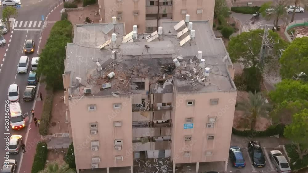Building rooftop destroyed by Hamas Rocket, Israel,Aerial view Drone ...