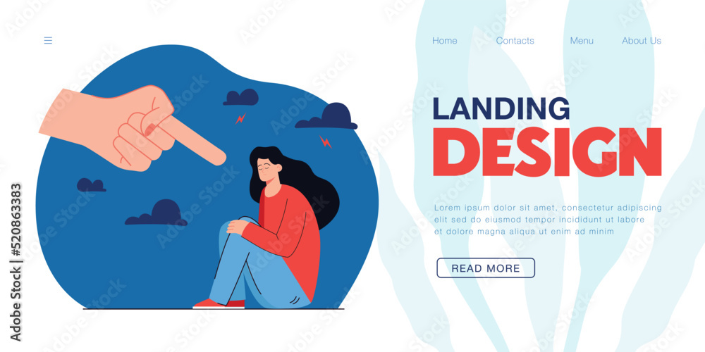 Hand pointing at depressed guilty young cartoon woman. Society accusing ...