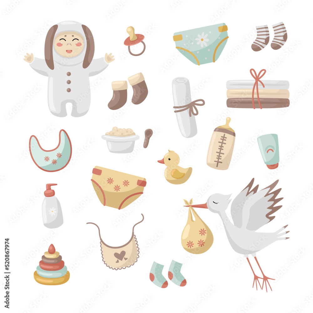 Baby accessories and nursery elements vector illustrations set. Cute ...