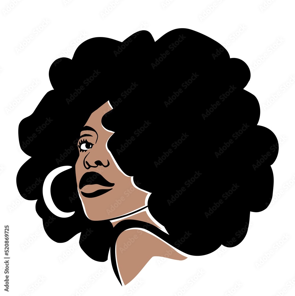 Black Afro African American girl woman lady vector portrait head face silhouette,curly natural ...