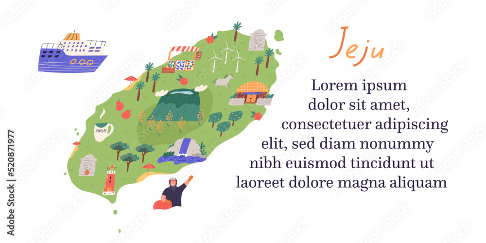 Banner with jeju island map, tourist information flyer, cartoon flat ...