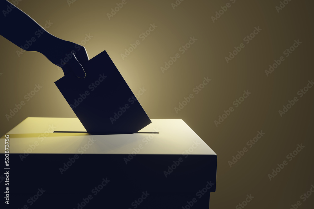 Silhouette of a hand putting a vote into the voting box on pale yellow ...