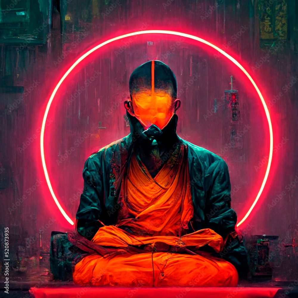 Silhouette of a meditating monk against the background of the neon city ...