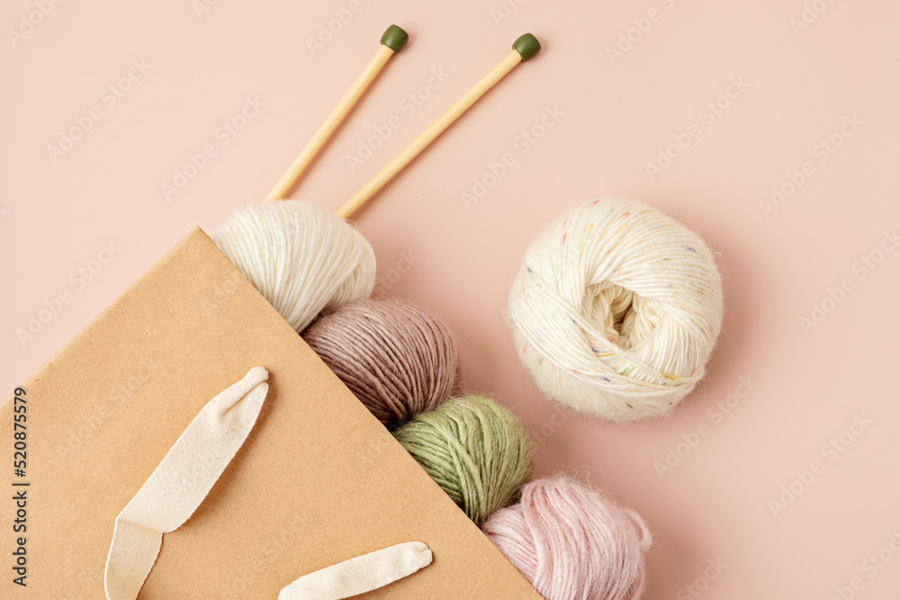 Craft hobby background with yarn in natural colors. Recomforting hobby ...