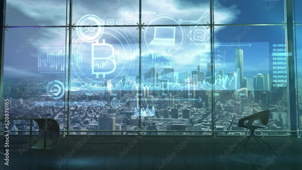 Infographics about bitcoin stock quotes on the office background, 3D ...