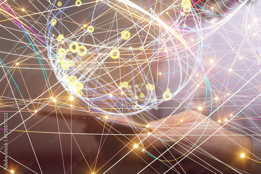 Global network. Blockchain. 3D illustration. Neural networks and ...