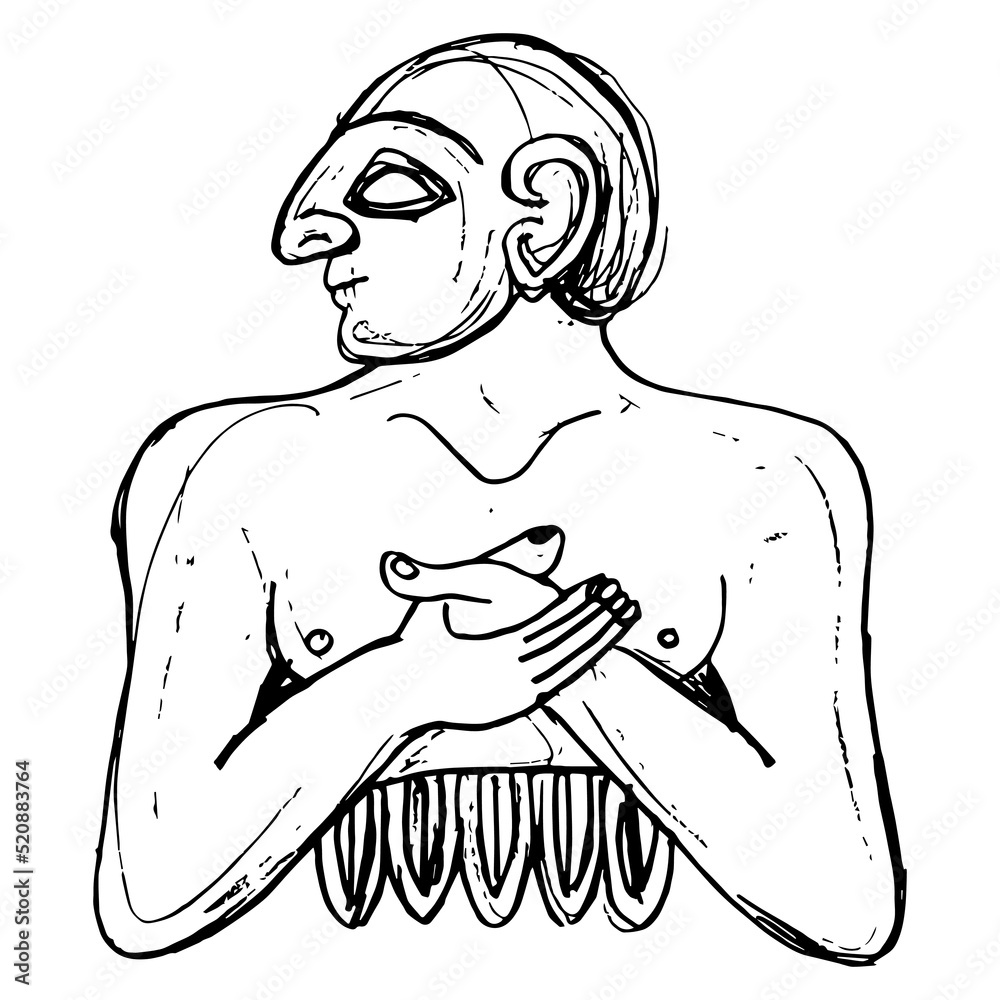 Ancient Sumerian man or priest. King of Lagash. Hand drawn linear ...
