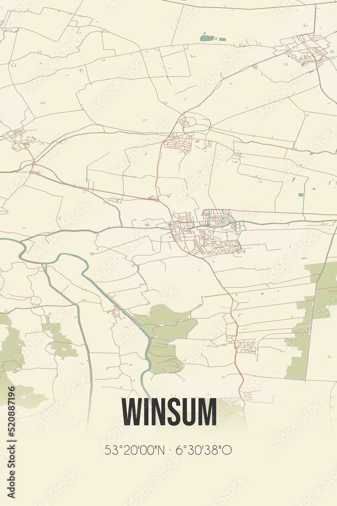 Retro Dutch city map of Winsum located in Groningen. Vintage street map ...