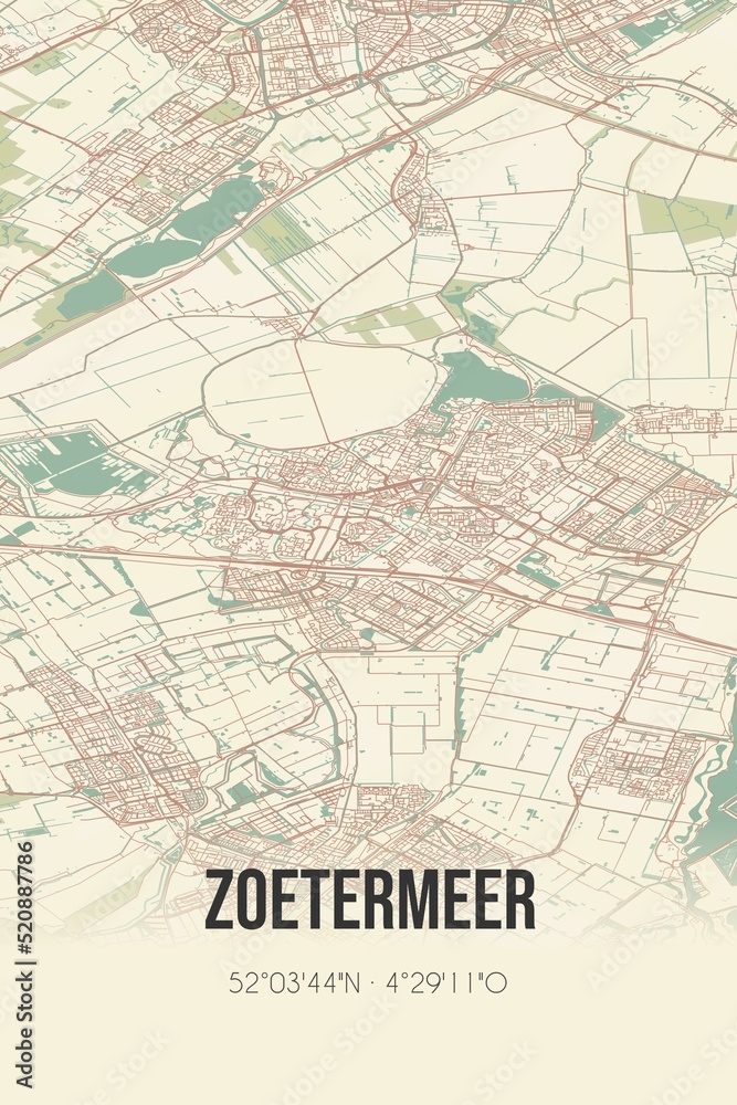 Retro Dutch city map of Zoetermeer located in Zuid-Holland. Vintage ...