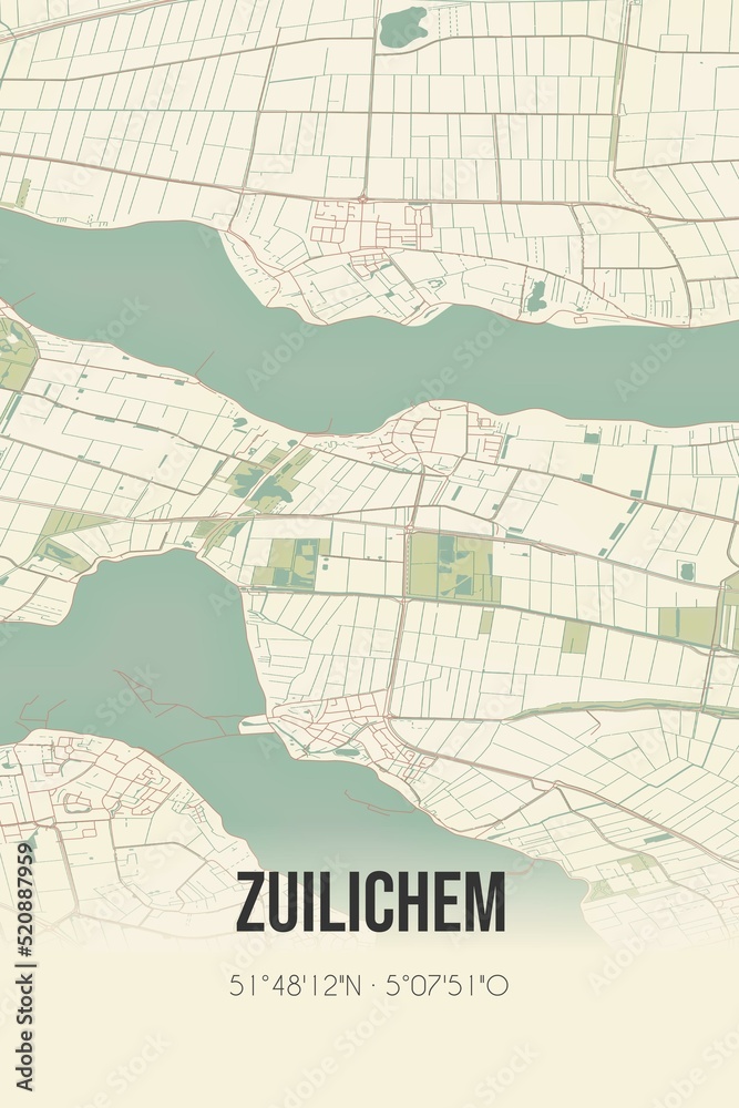 Retro Dutch city map of Zuilichem located in Gelderland. Vintage street ...