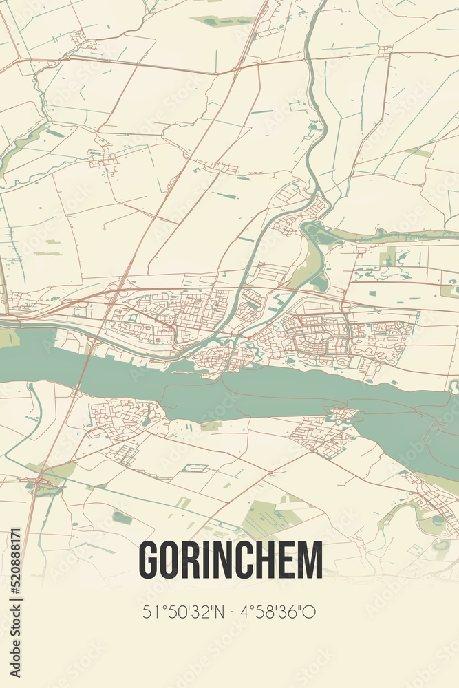 Retro Dutch city map of Gorinchem located in Zuid-Holland. Vintage ...
