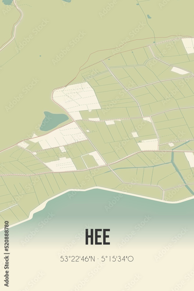 Retro Dutch city map of Hee located in Fryslan. Vintage street map ...
