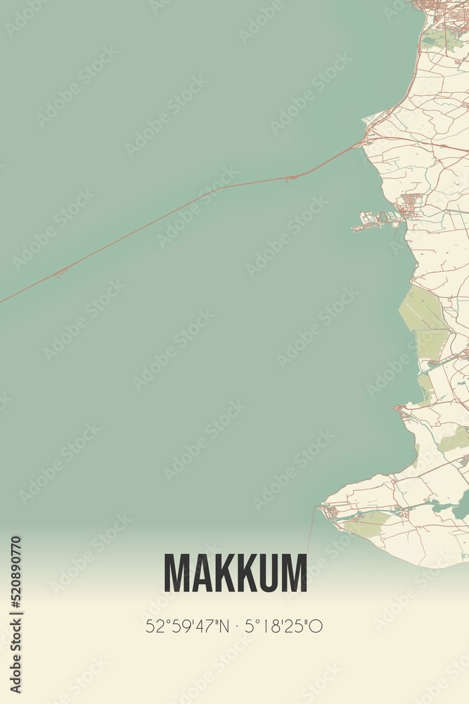 Retro Dutch city map of Makkum located in Fryslan. Vintage street map ...